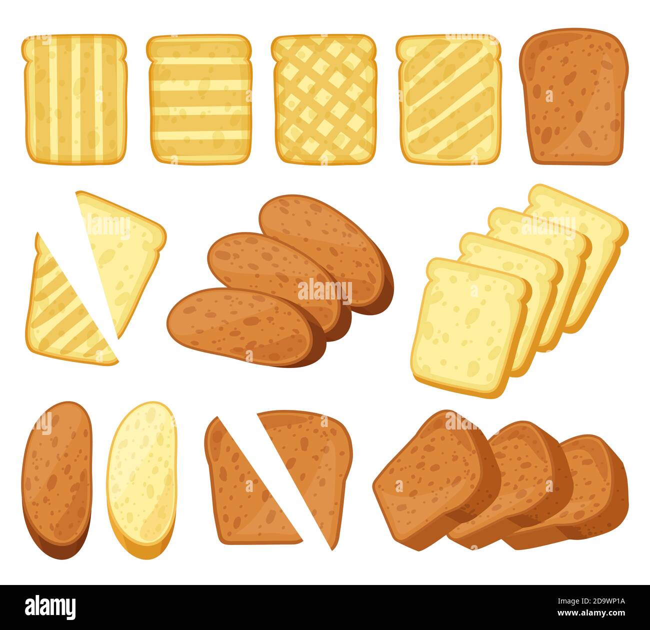 Cartoon toasts. Breakfast toasted bread, slices of bake roll, pastry ...