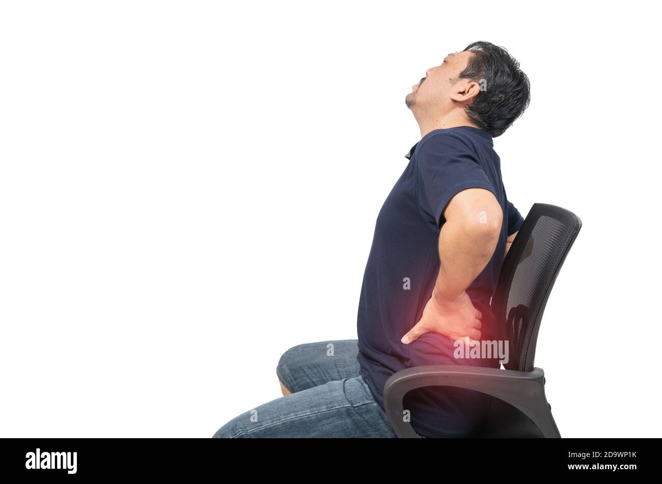 Middle aged man suffering from backache isolated on white background ...