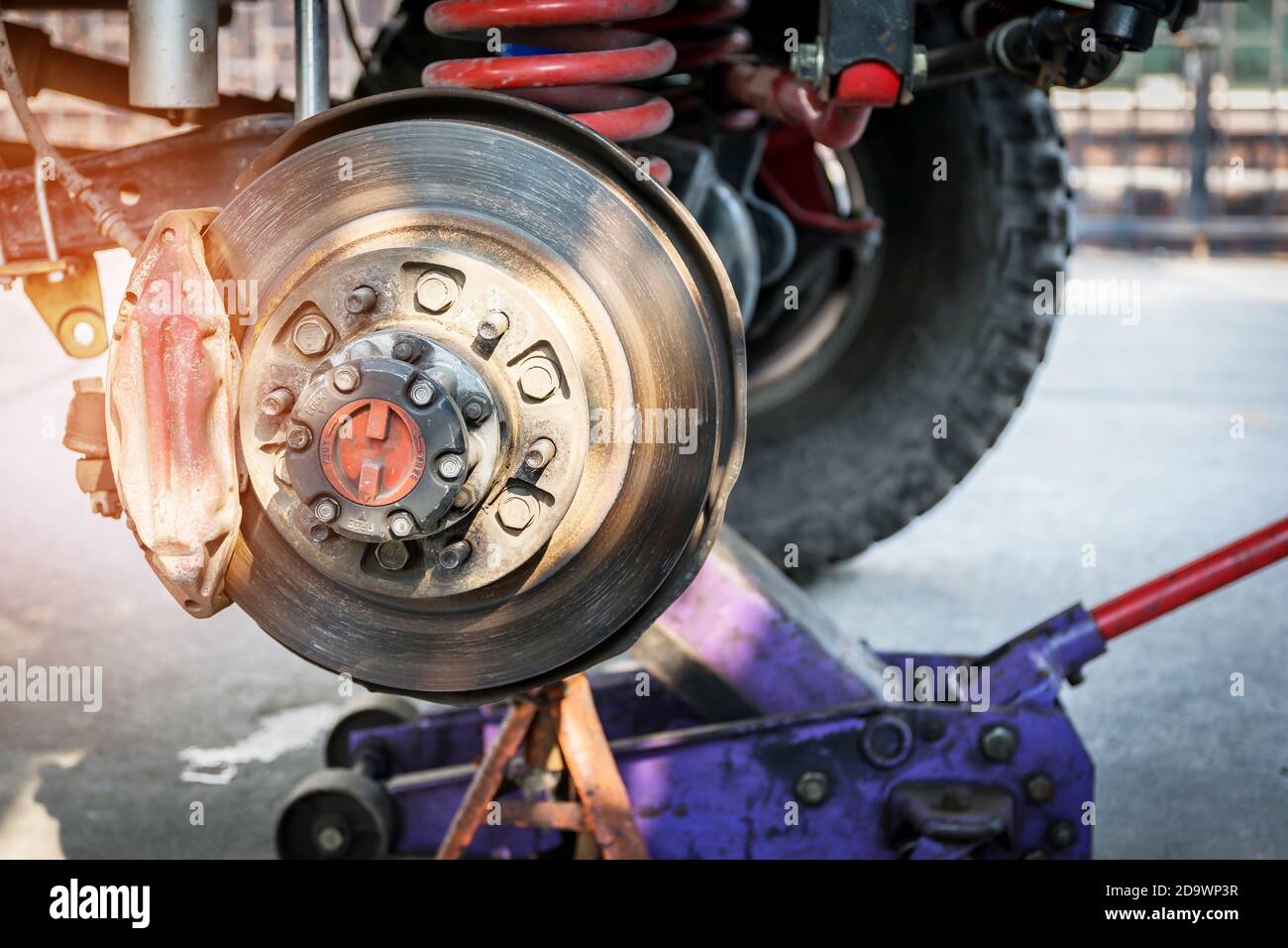 The front wheel of the car was removed to repair the brake system ...