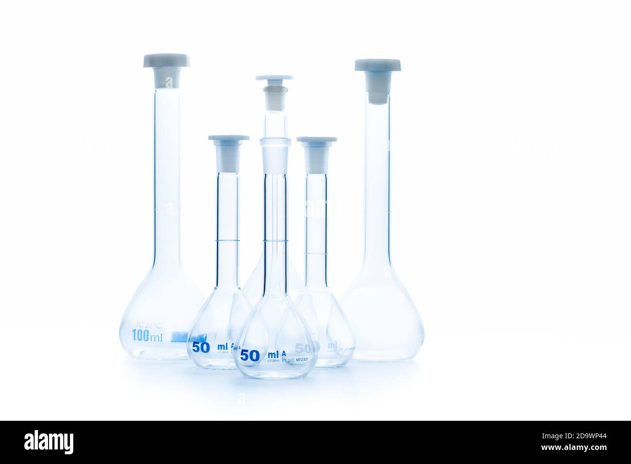 Erlenmeyer flasks on reflective isolated on white background, Chemical ...