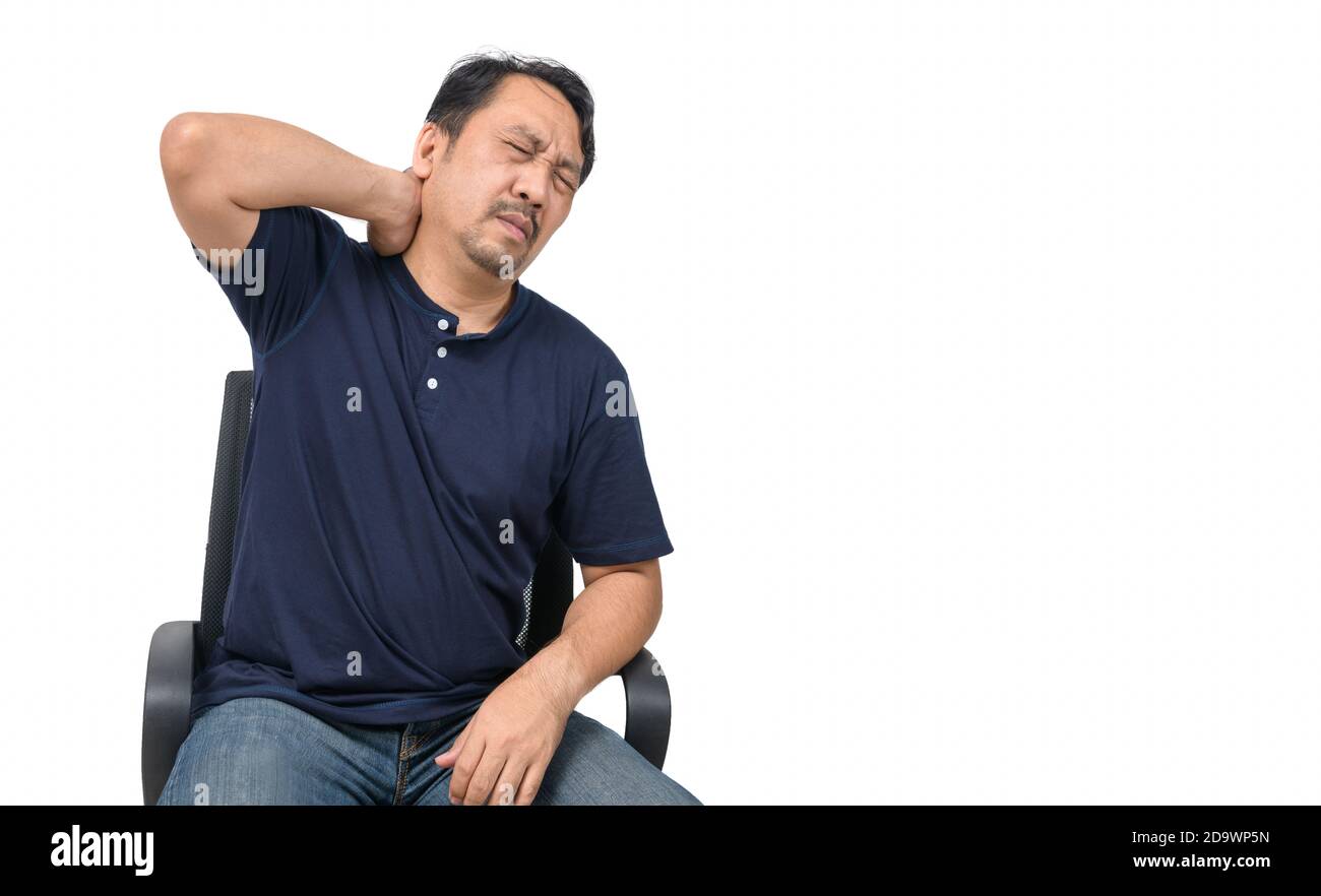 Asian man suffering from neck pain isolated on white background ...