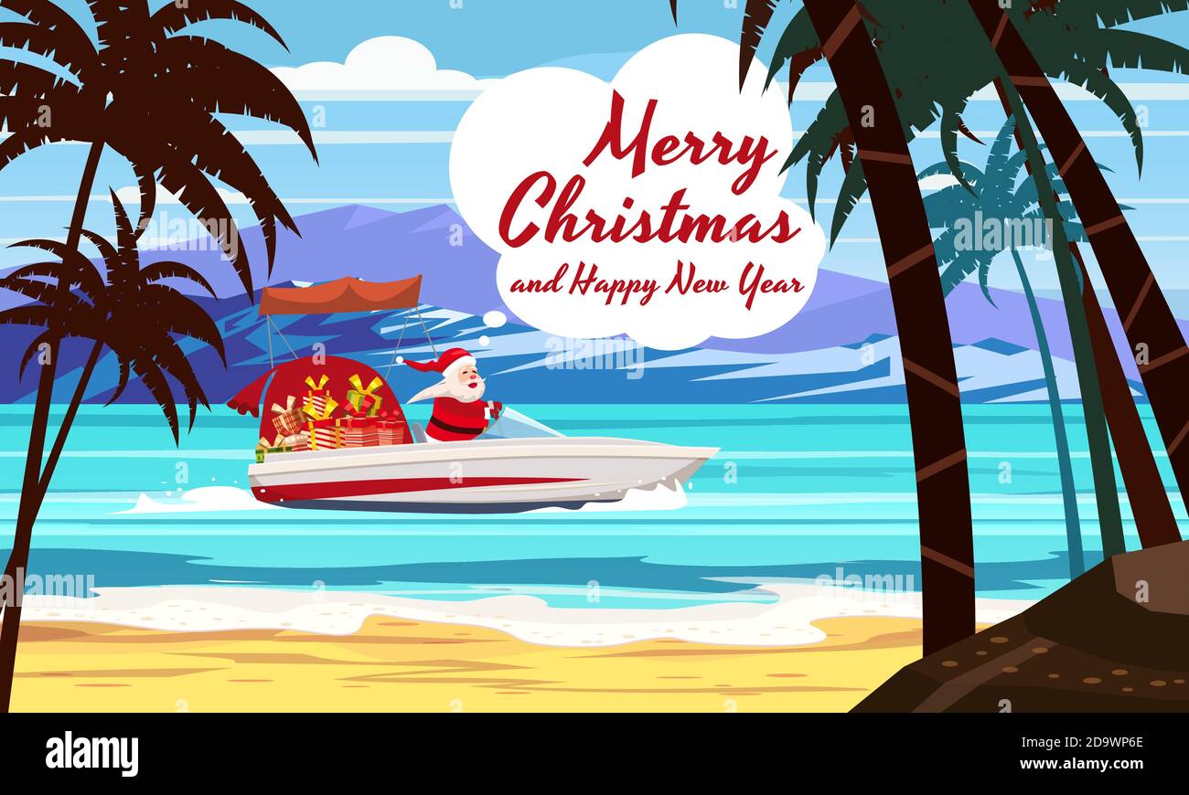 Merry Christmas Santa Claus on speed boat on ocean sea tropical island ...