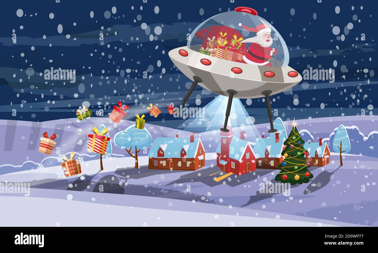 Merry Christmas Santa Claus flying in UFO spaceship flying saucer with ...