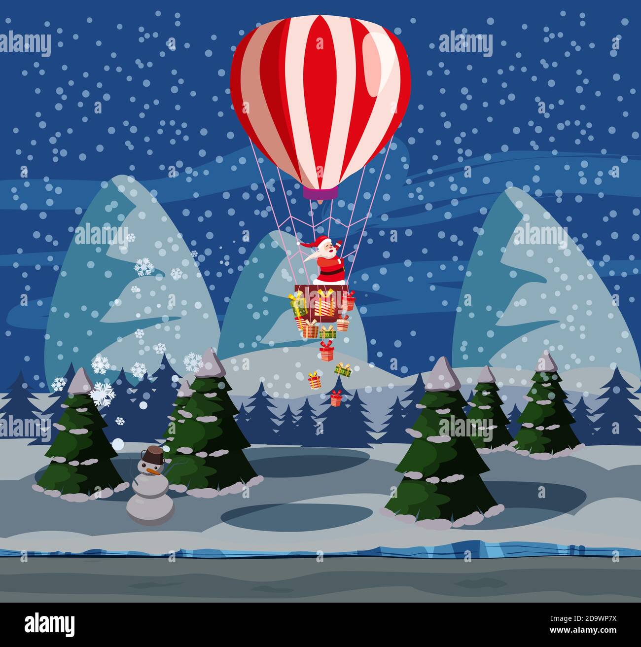 Santa Claus flying on hot air balloon on Earh winter snow forest night ...