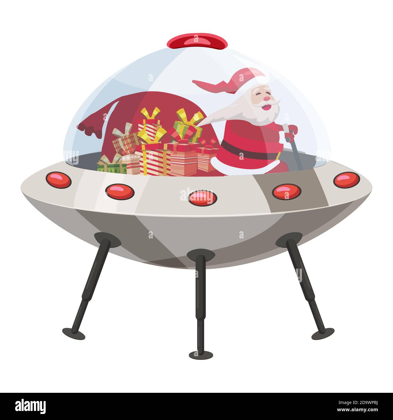 Santa Claus flying in UFO spaceship flying saucer with gift boxes ...