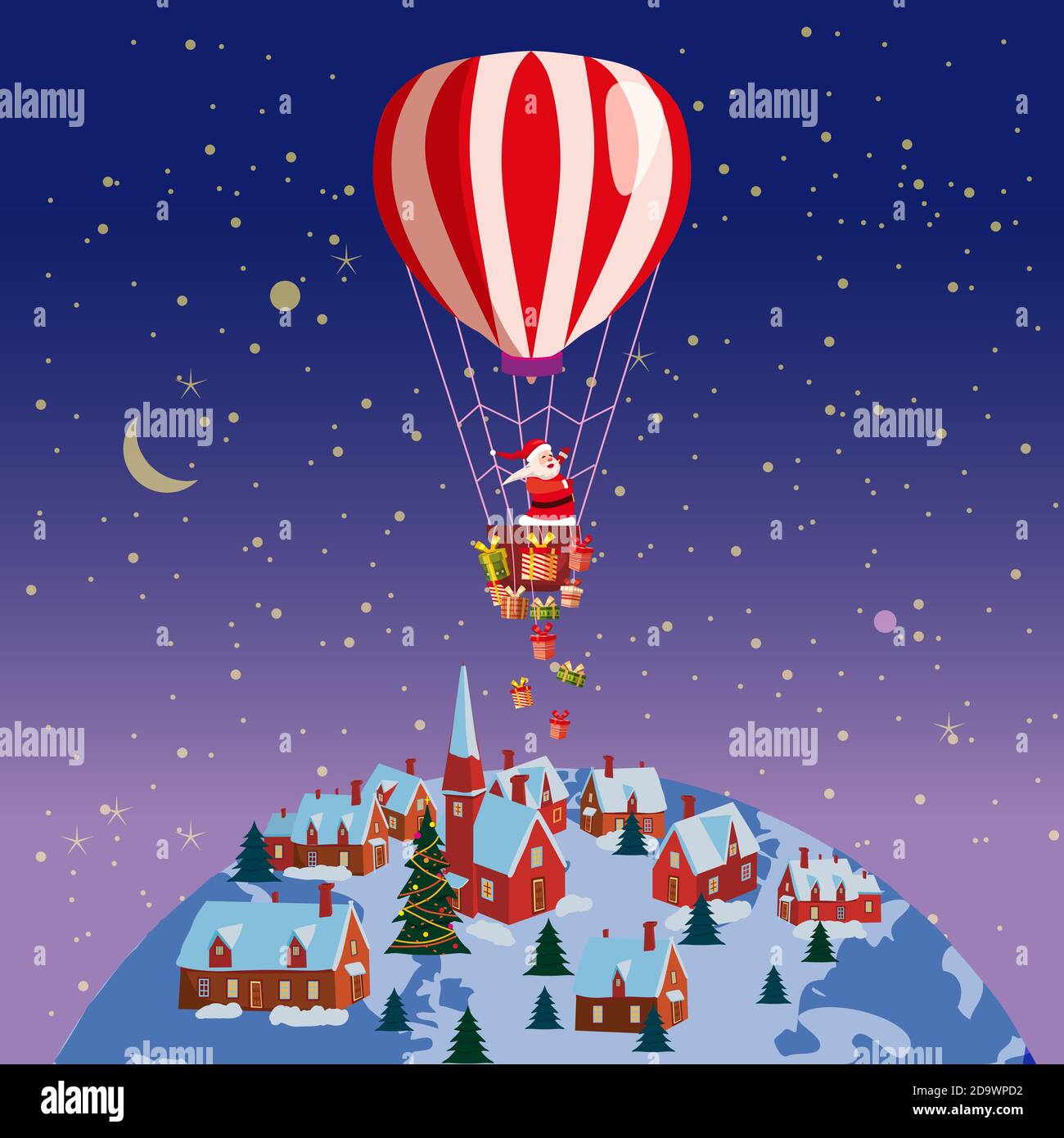 Santa Claus flying on hot air balloon on Earh little town night. Merry ...
