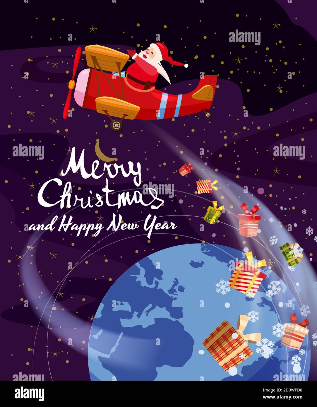 Santa Claus flying plane retro flies delivering gifts in space above ...