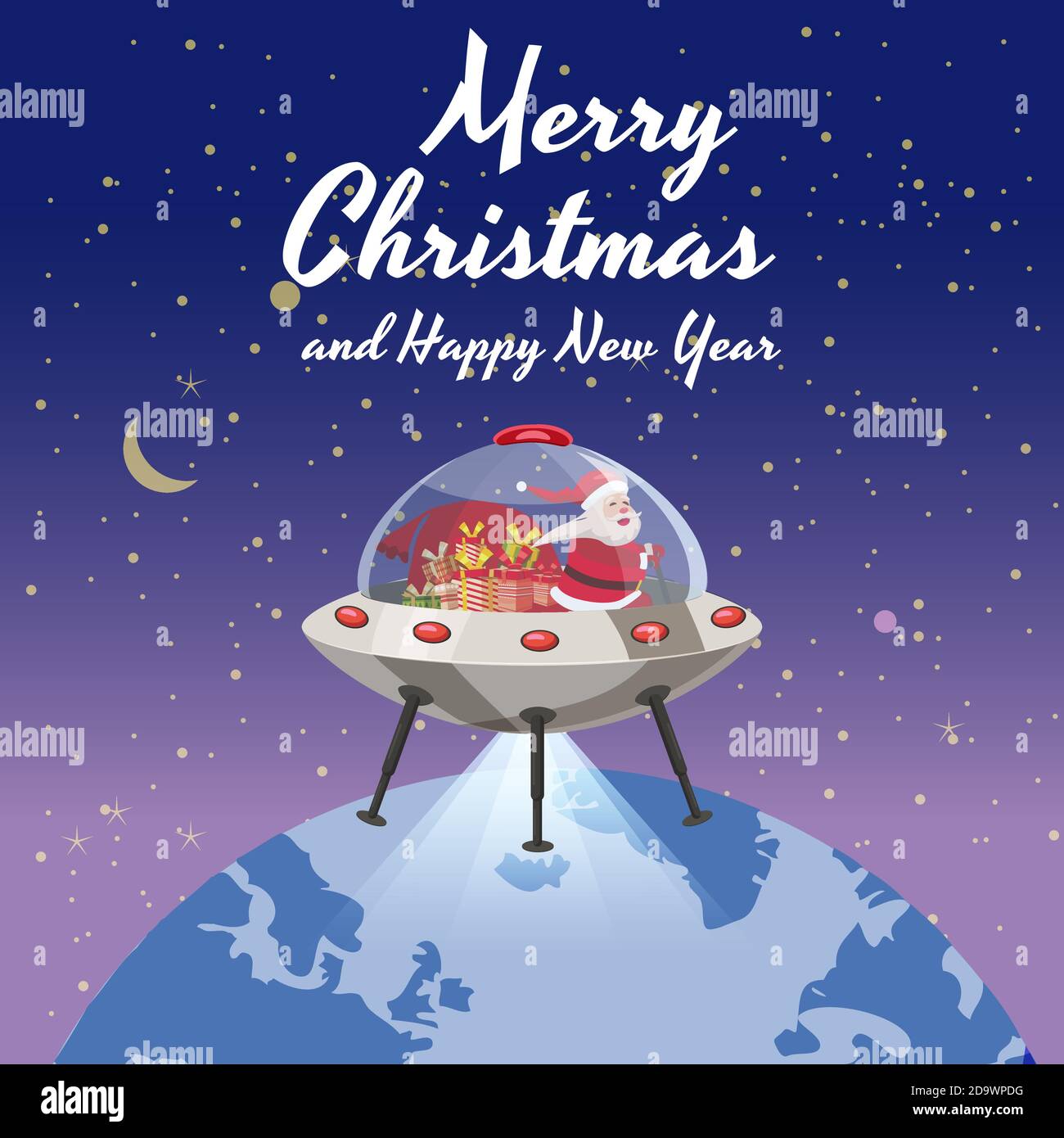 Merry Christmas Santa Claus flying in UFO spaceship flying saucer with ...