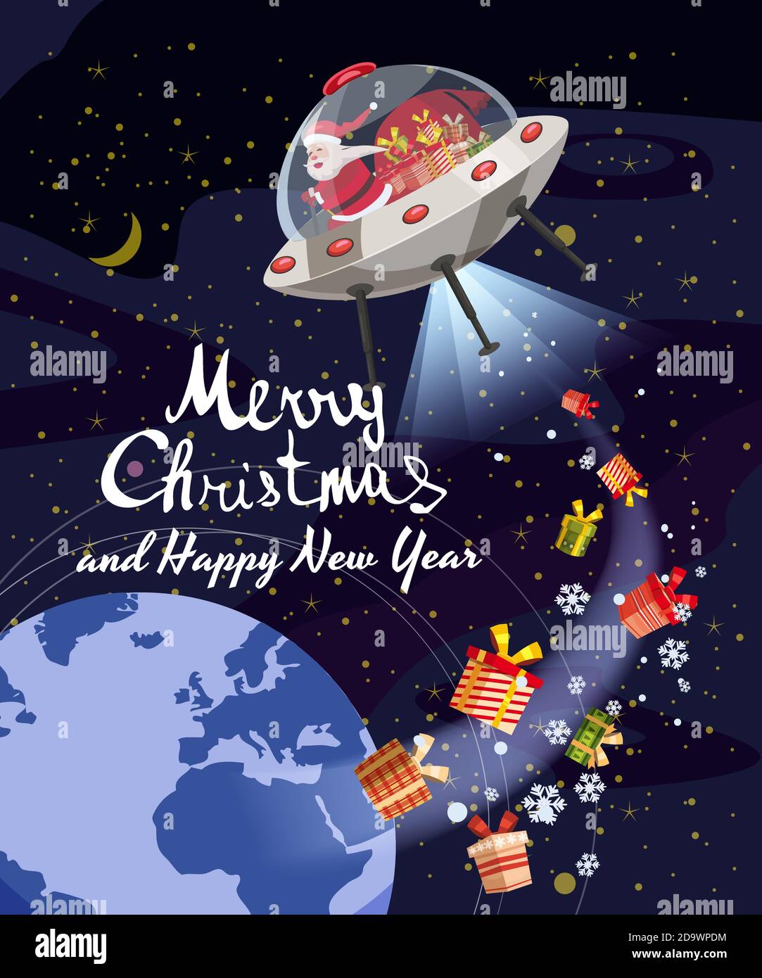 Merry Christmas Santa Claus flying in UFO spaceship flying saucer with ...