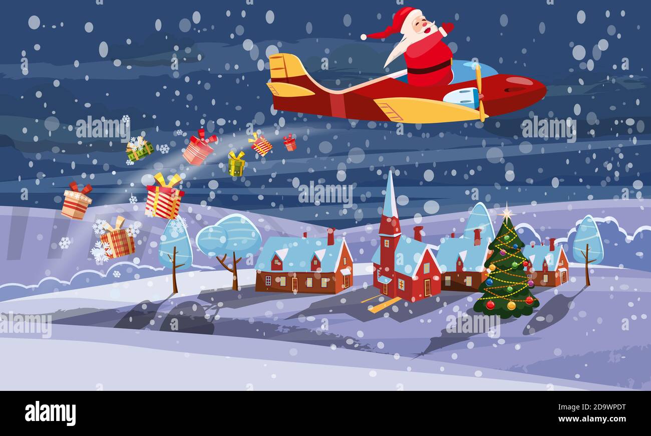 Santa Claus flying on speed retro airplane delivering gifts in the night sky over the city ...