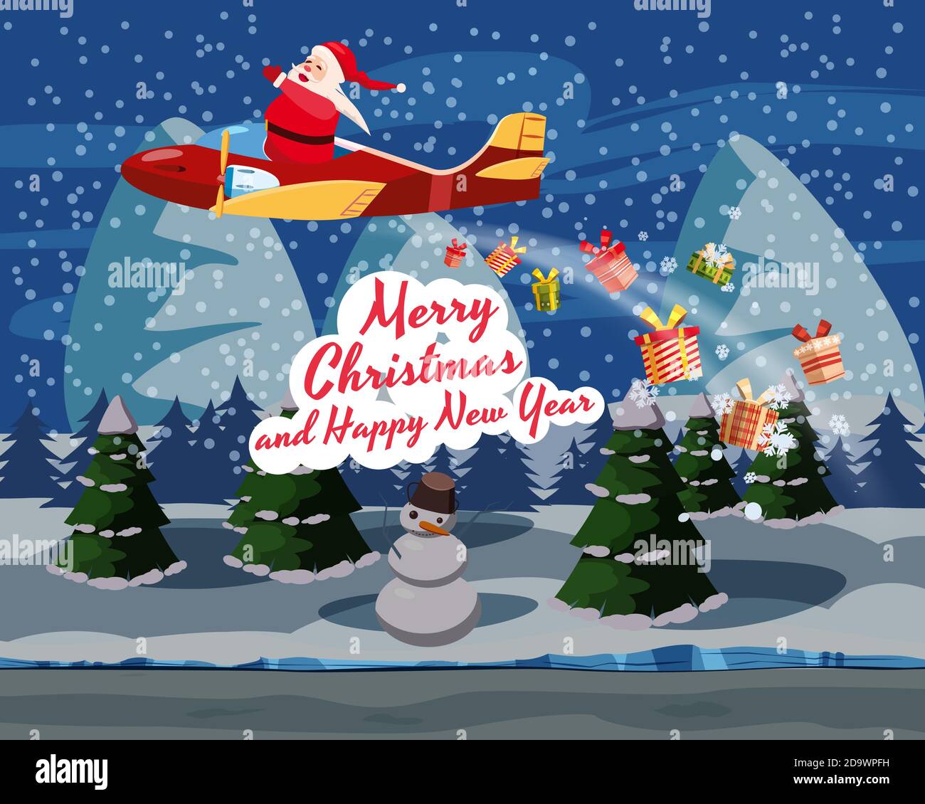 Santa Claus flying on retro airplane delivering gifts in the night sky over the city ...