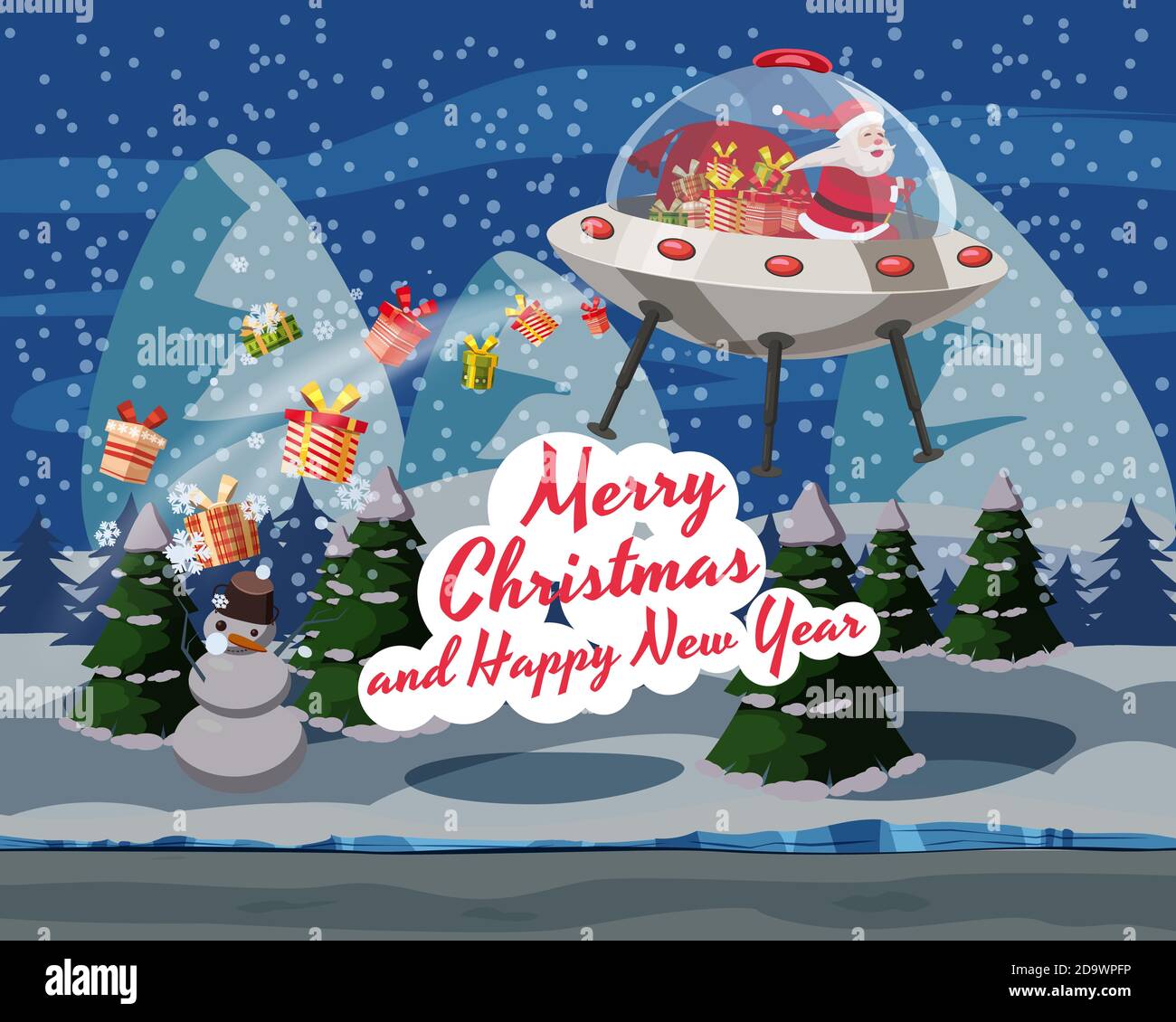 Merry Christmas Santa Claus flying in UFO spaceship flying saucer with ...