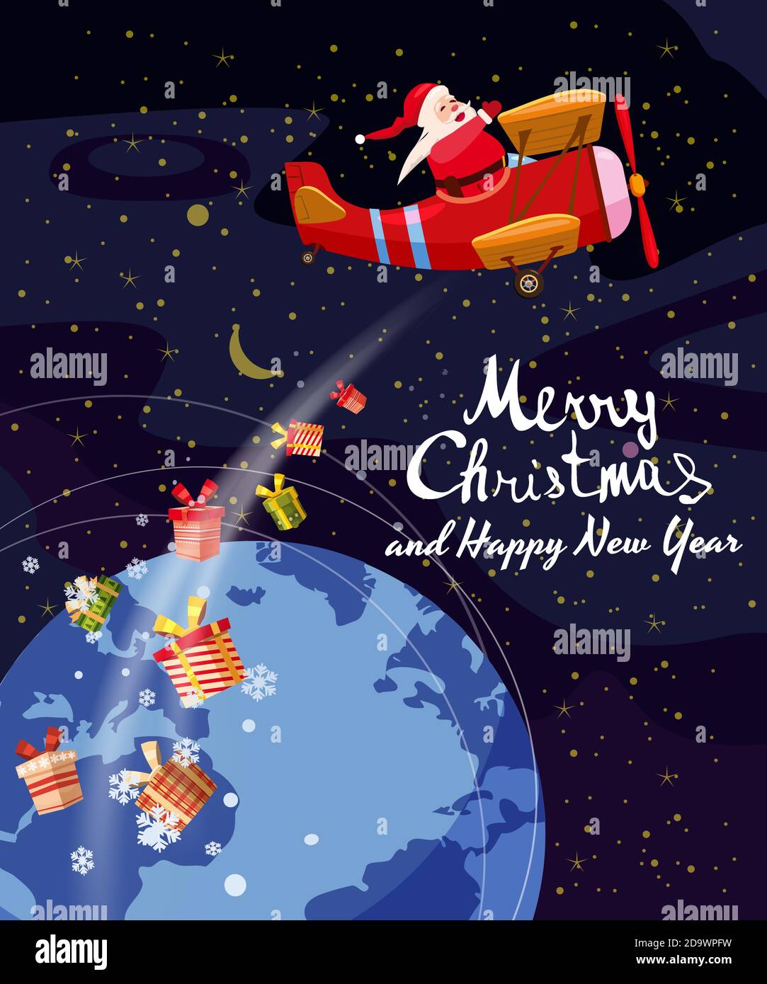 Santa Claus flying plane retro flies delivering gifts in space above ...