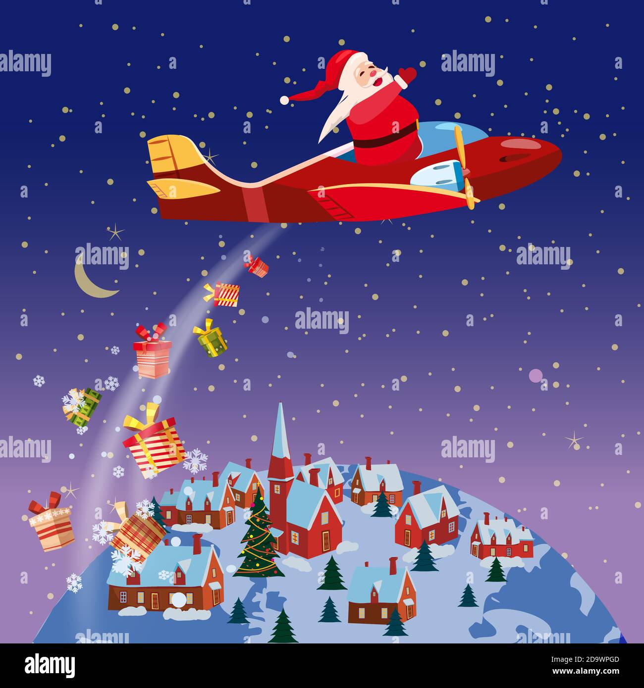 Santa Claus flying speed retro plane flies delivering gifts in space above the Earth ...