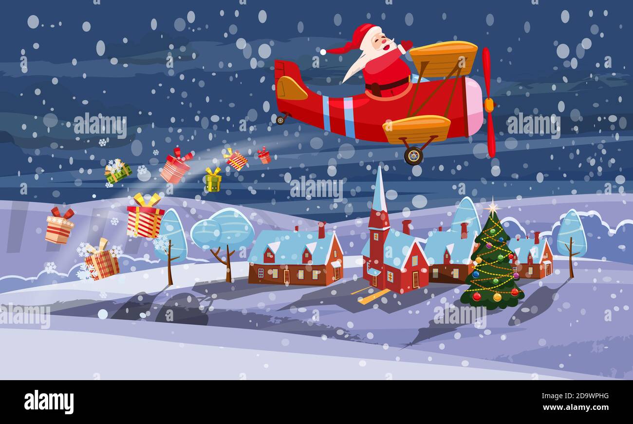 Santa Claus flying on retro airplane delivering gifts in the night sky ...