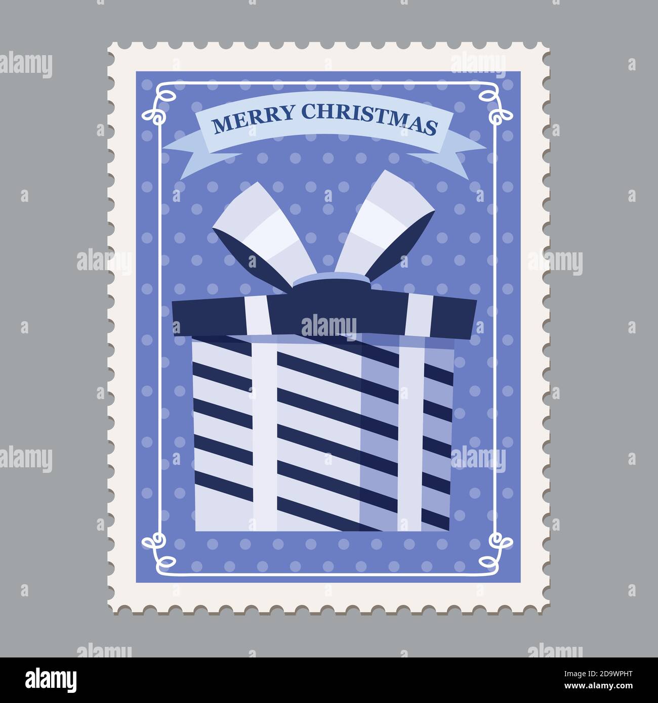 Merry Christmas retro postage stamp with gift box. Vector illustration ...