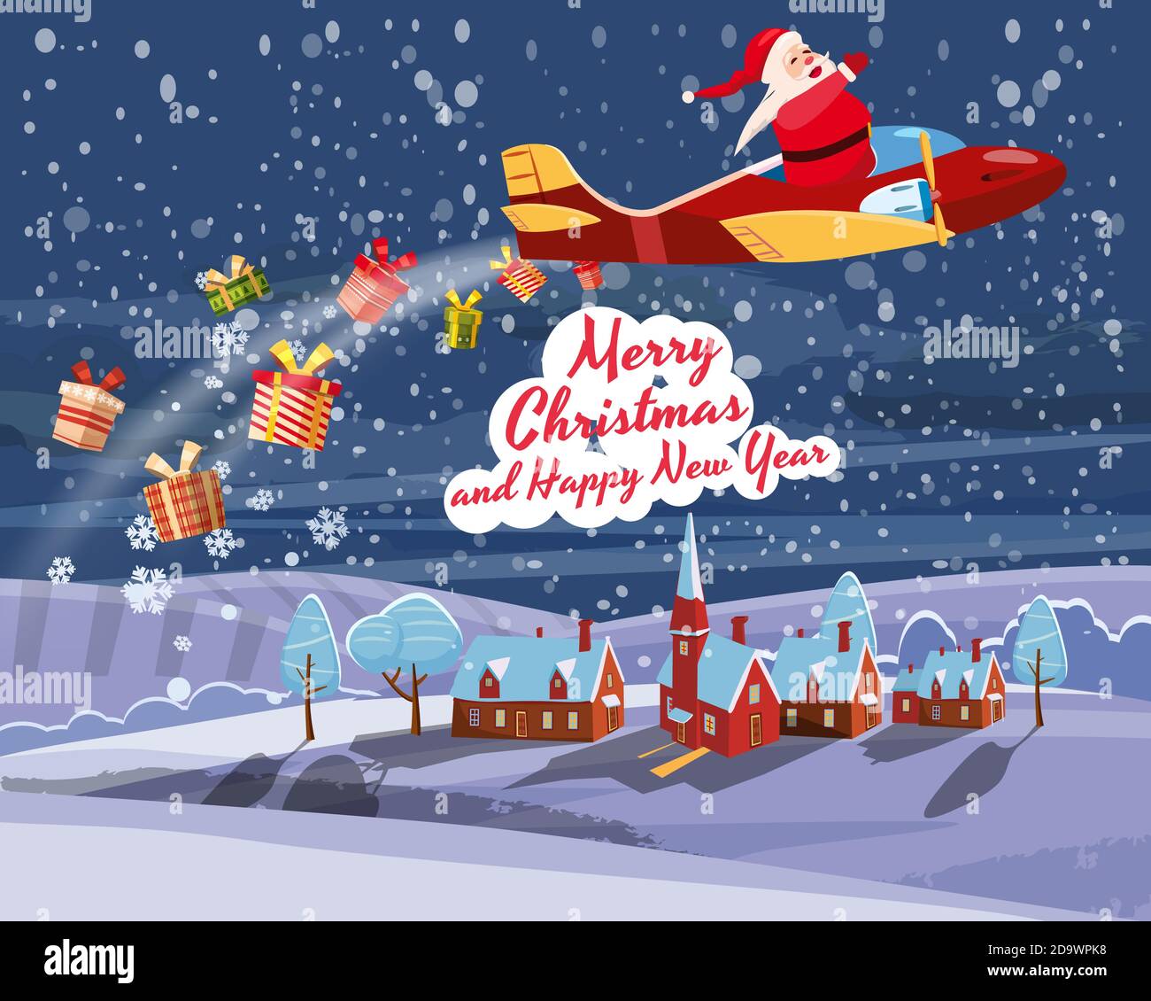 Santa Claus flying on speed retro airplane delivering gifts in the night sky over the city ...