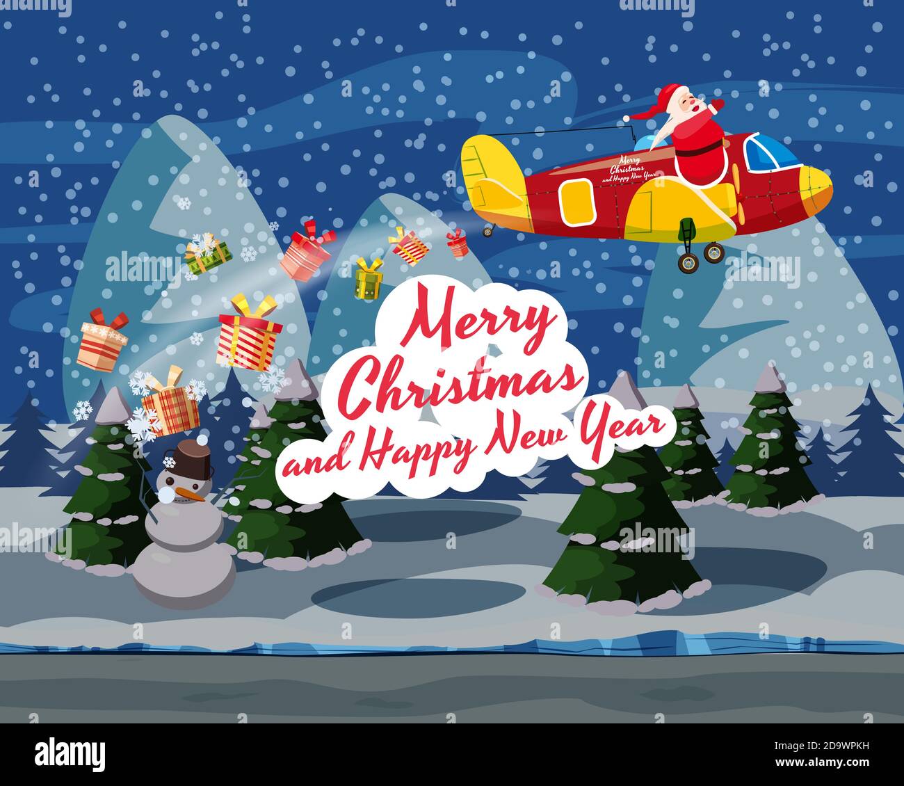 Santa Claus flying on retro airplane delivering gifts in the night sky over the winter landscape ...