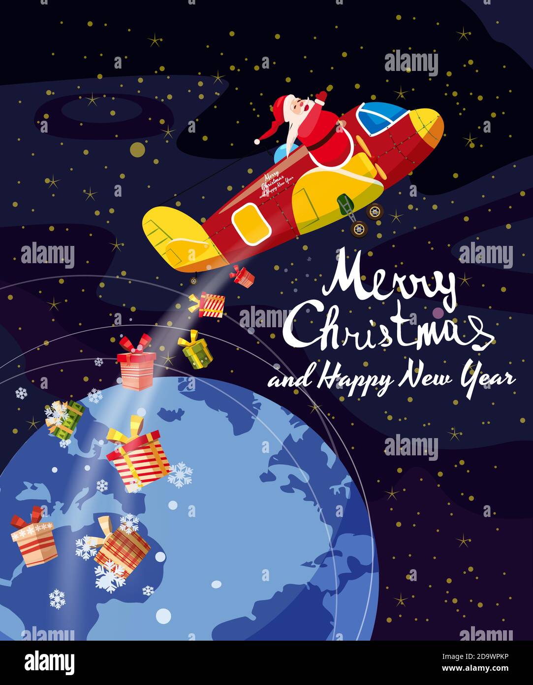 Santa Claus flying plane flies delivering gifts in space above the ...