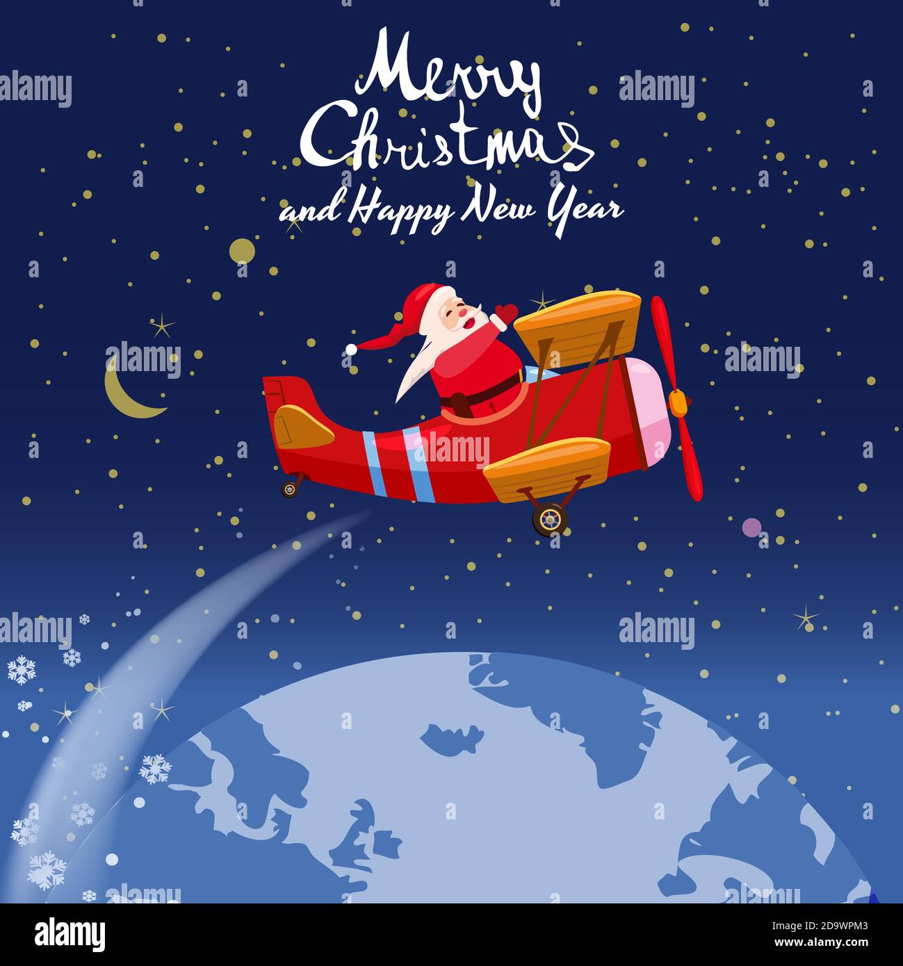 Santa Claus flying plane retro flies delivering gifts in space above ...