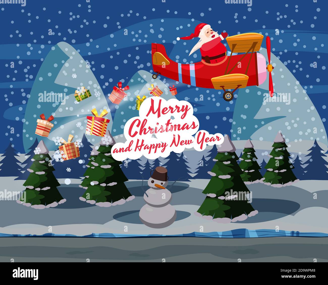 Santa Claus flying on retro airplane delivering gifts in the night sky over the winter landscape ...