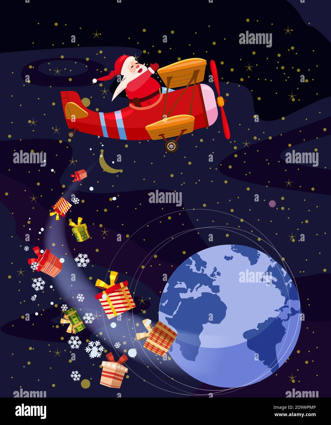 Santa Claus flying plane retro flies delivering gifts in space above ...