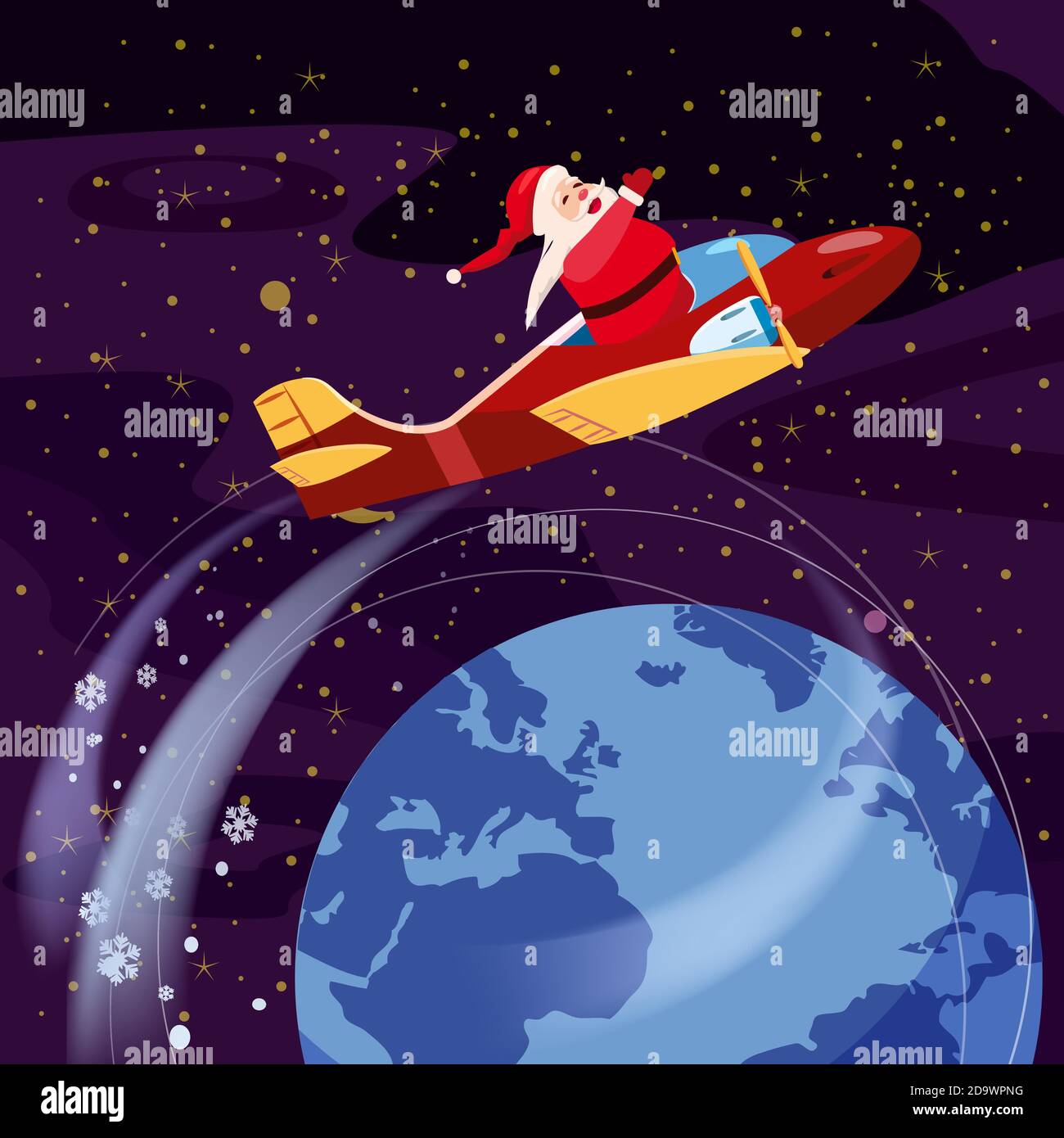 Santa Claus flying speed retro plane flies delivering gifts in space above the Earth ...