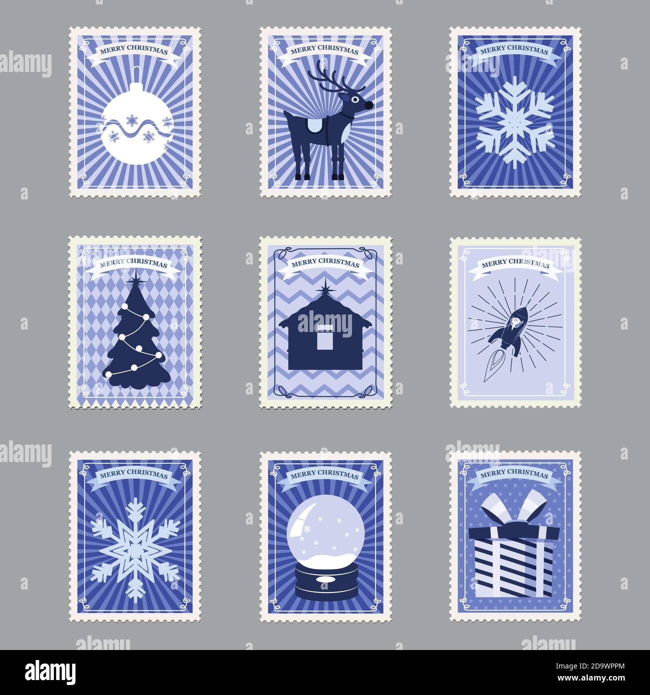Set Merry Christmas retro postage stamps with Christmas tree, gifts ...