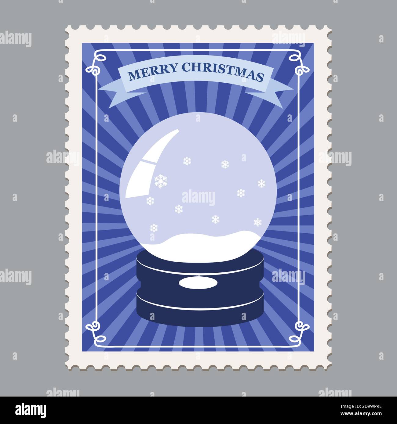 Merry Christmas retro postage stamp with snowglobe. Vector illustration ...