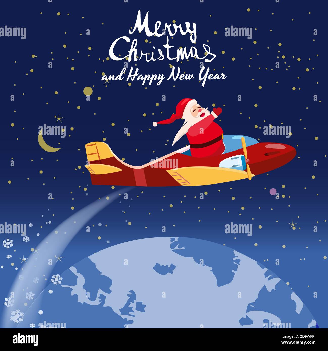 Santa Claus flying speed retro plane flies delivering gifts in space above the Earth ...