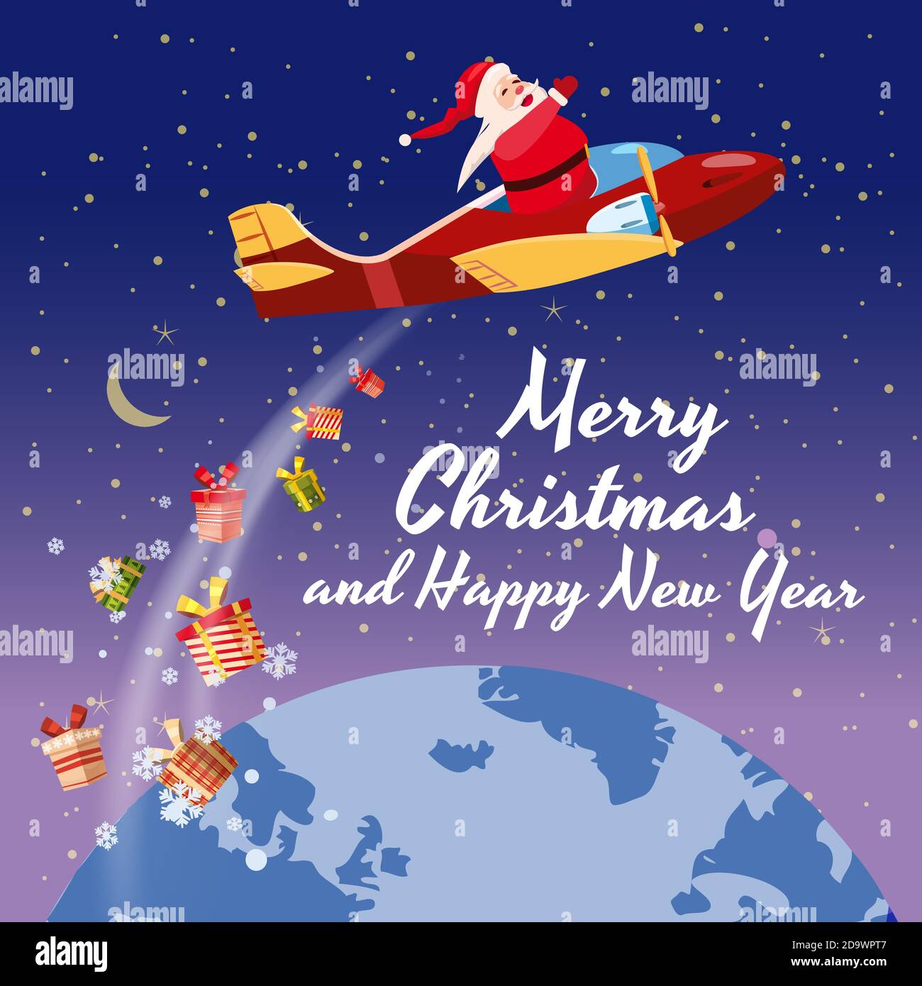 Santa Claus flying speed retro plane flies delivering gifts in space above the Earth ...