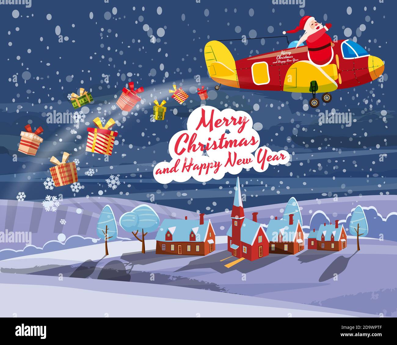Santa Claus flying on retro airplane delivering gifts in the night sky ...