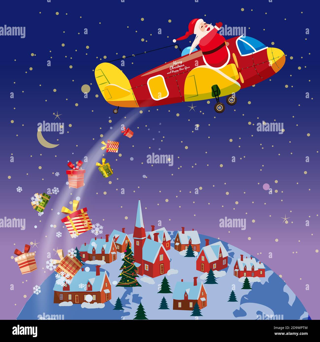 Santa Claus flying plane flies delivering gifts in space above the ...