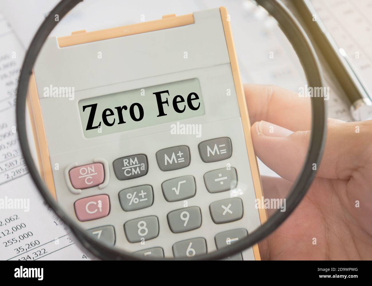 zero fee text displayed on calculator and magnifier. bank fees, service ...