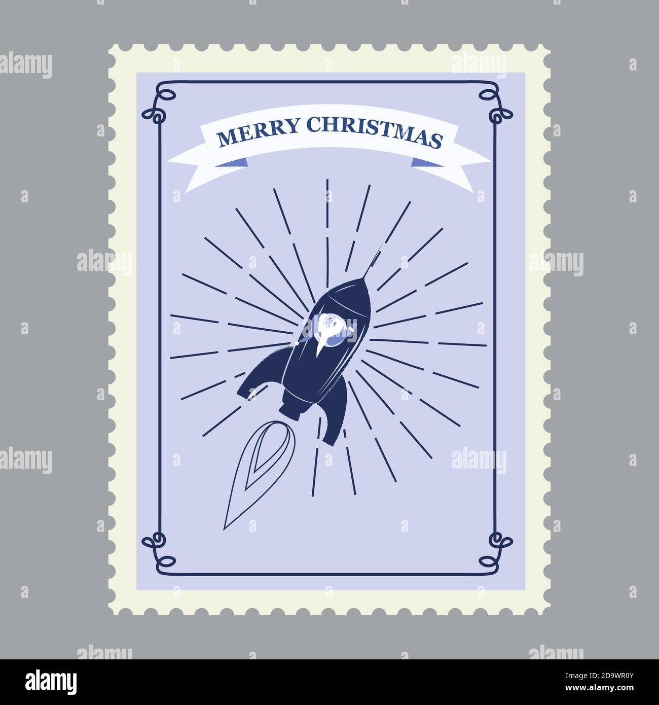 Merry Christmas retro postage stamp with Santa rocket. Vector ...