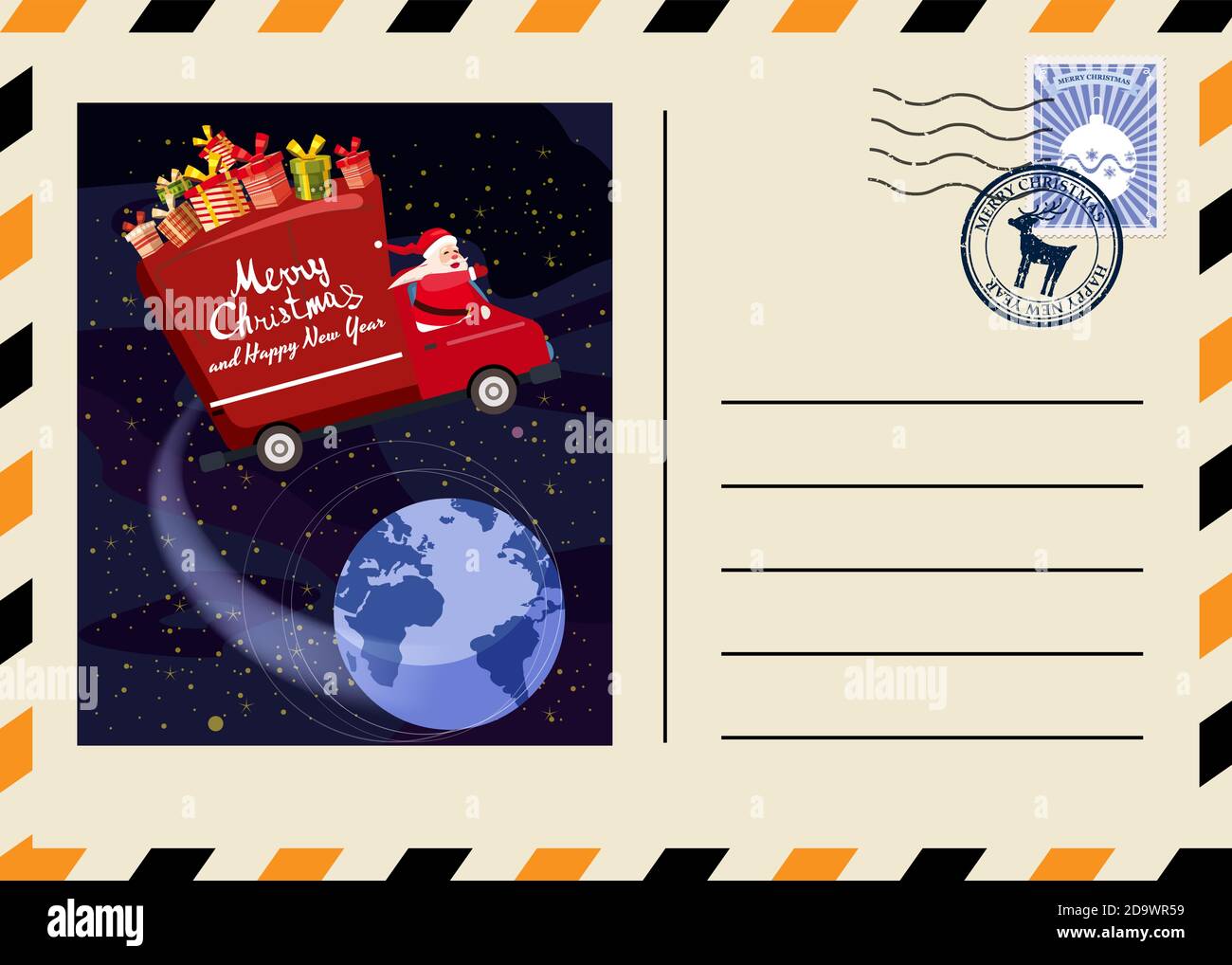Christmas and New Year Postcard with stamps and mark. Van flies through ...