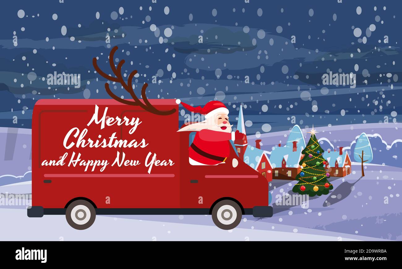 Merry Chrismas Santa Claus Van delivering gifts background night winter ...