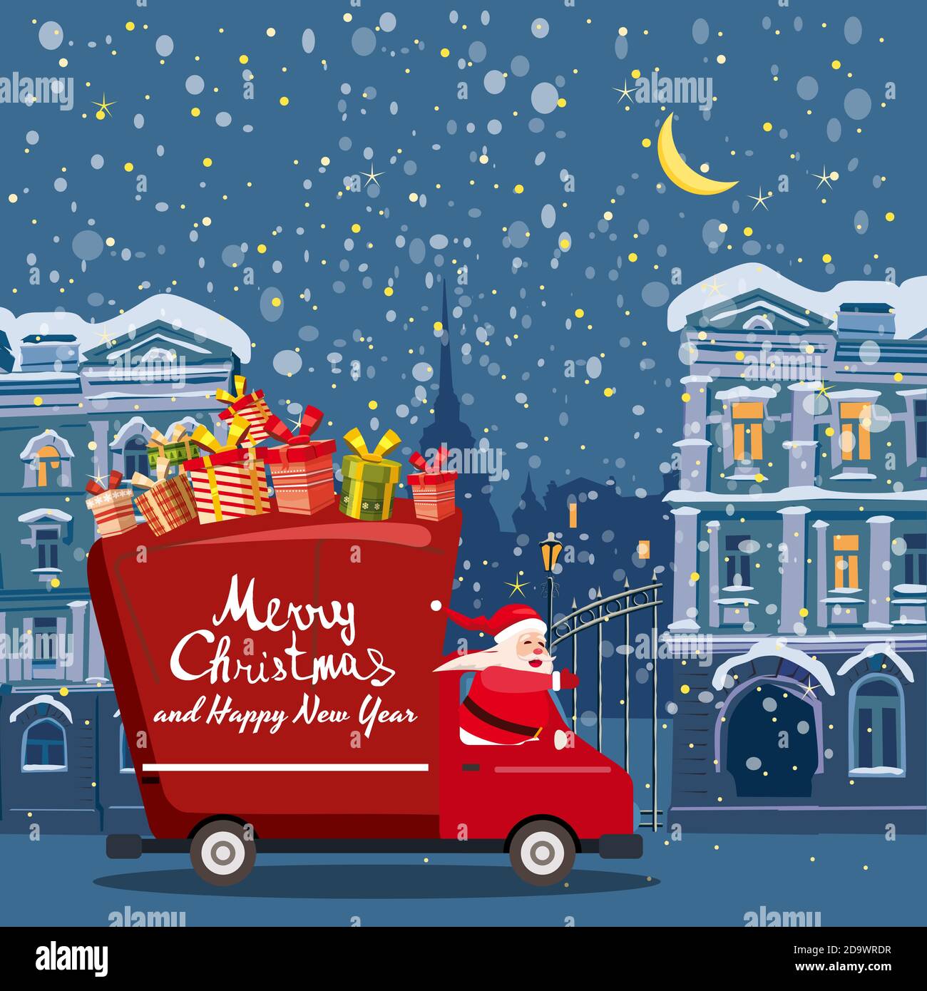 Merry Chrismas Santa Claus Van delivering gifts background night winter ...