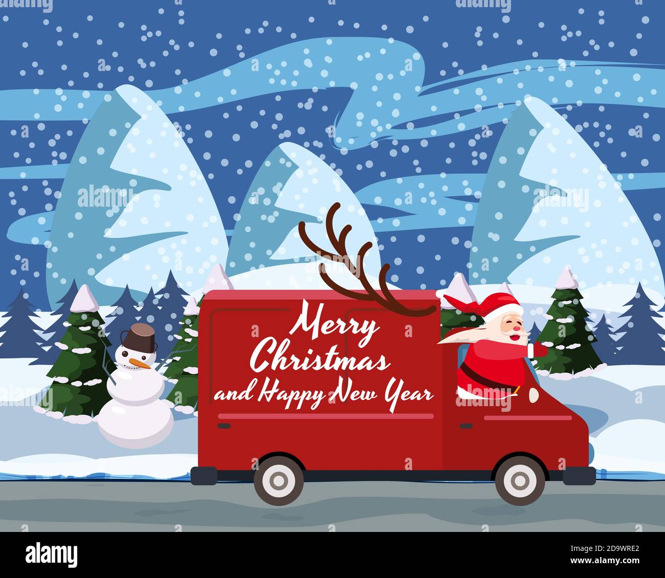 Merry Chrismas Santa Claus Van delivering gifts background winter ...