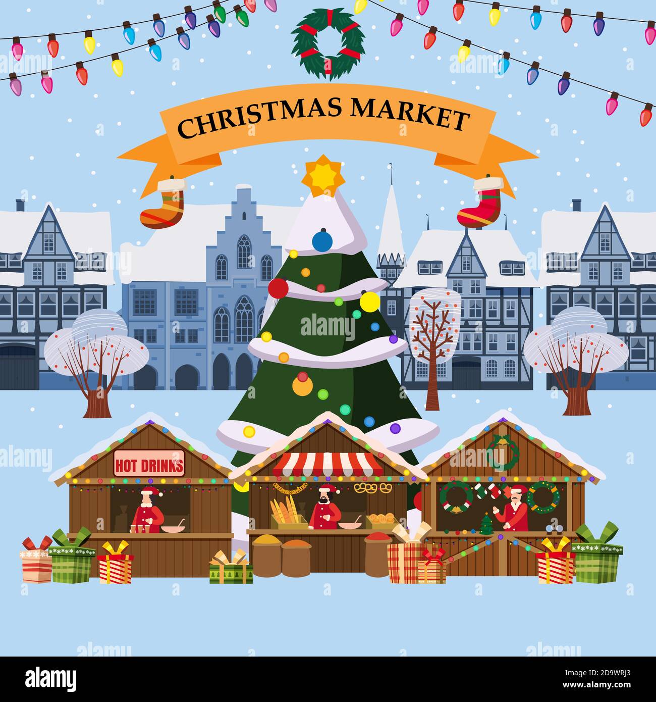 Christmas village, winter town, souvenirs market stalls with ...