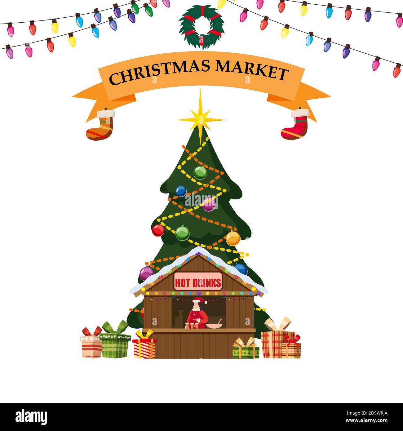 Christmas stall with with food and hot drinks. Big Christmas tree Xmas ...