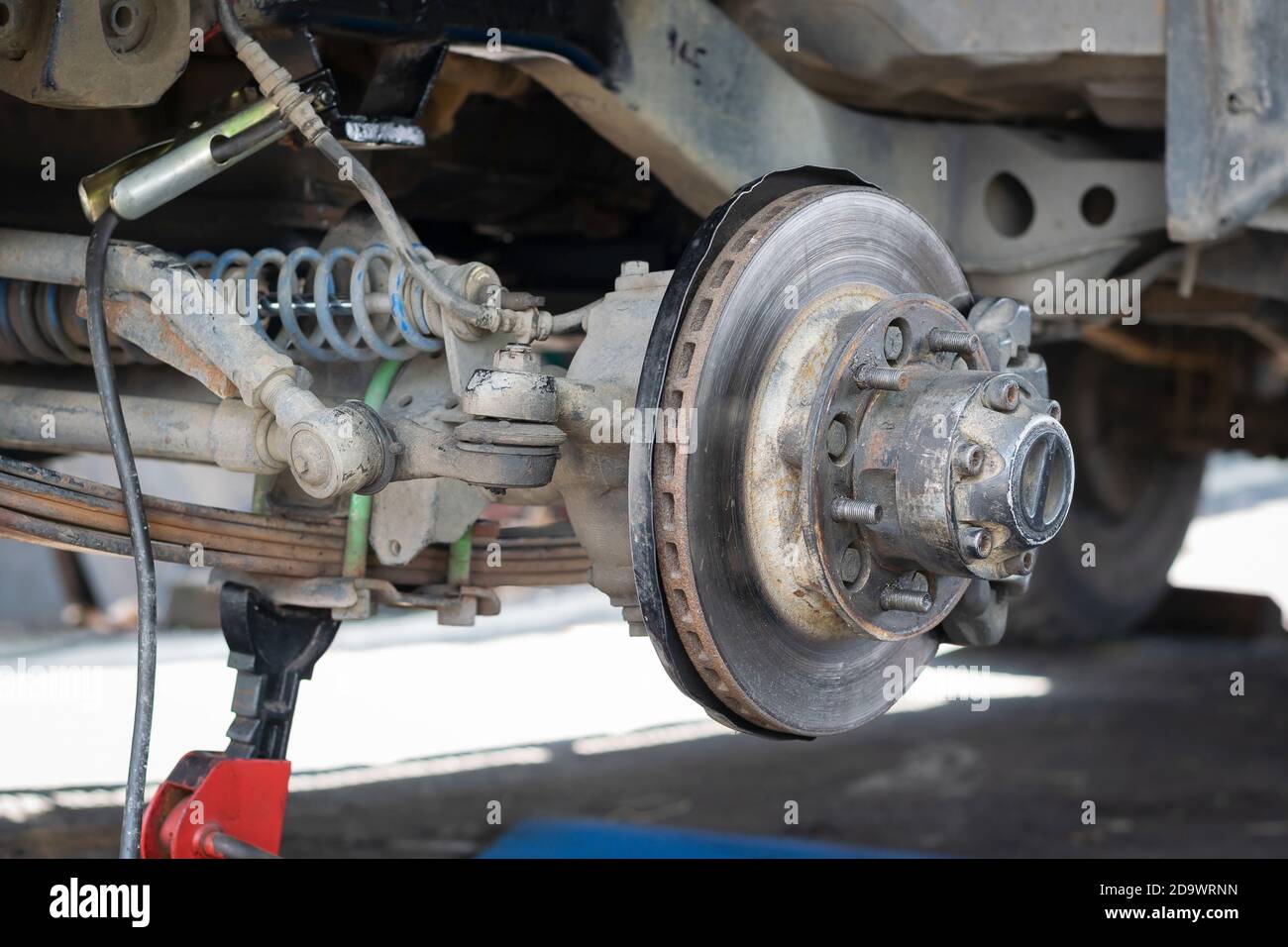 The front wheel of the car was removed to repair the brake system ...