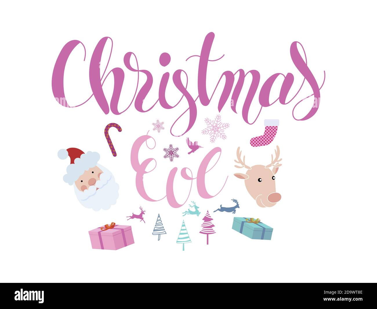 Handwritten of Christmas eve with accessory, deer, snowman, giftbox and ...