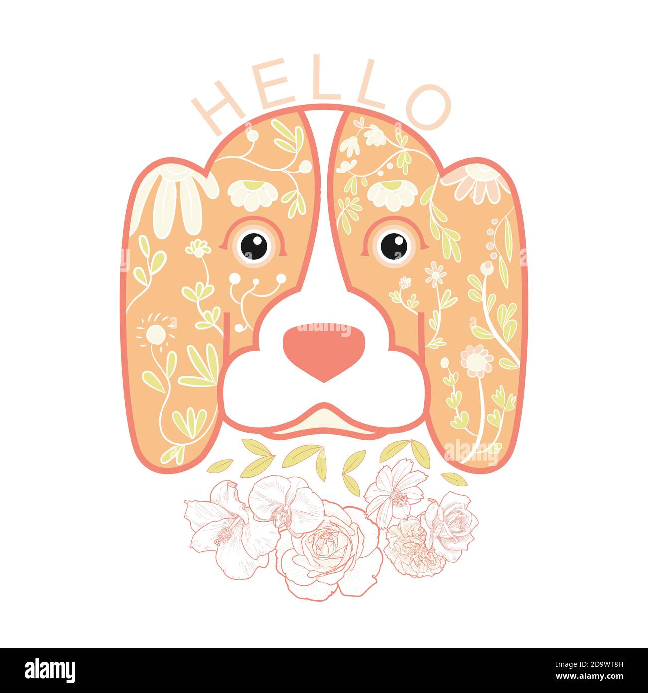 Dog portrait decorated with doodle pattern inside and flower and hello ...
