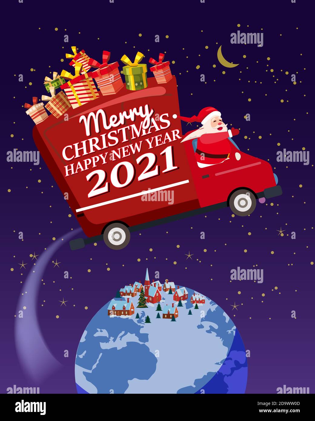 Santa Claus Van with text Merry Christmas and Happy New Year 2021 flies ...