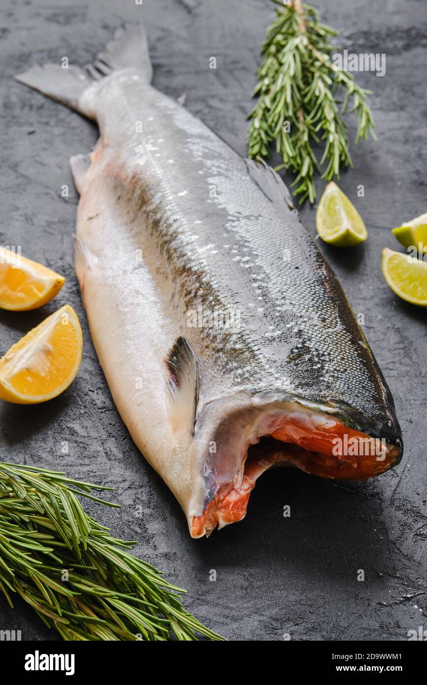 Fresh frozen headless loach on black background Stock Photo - Alamy