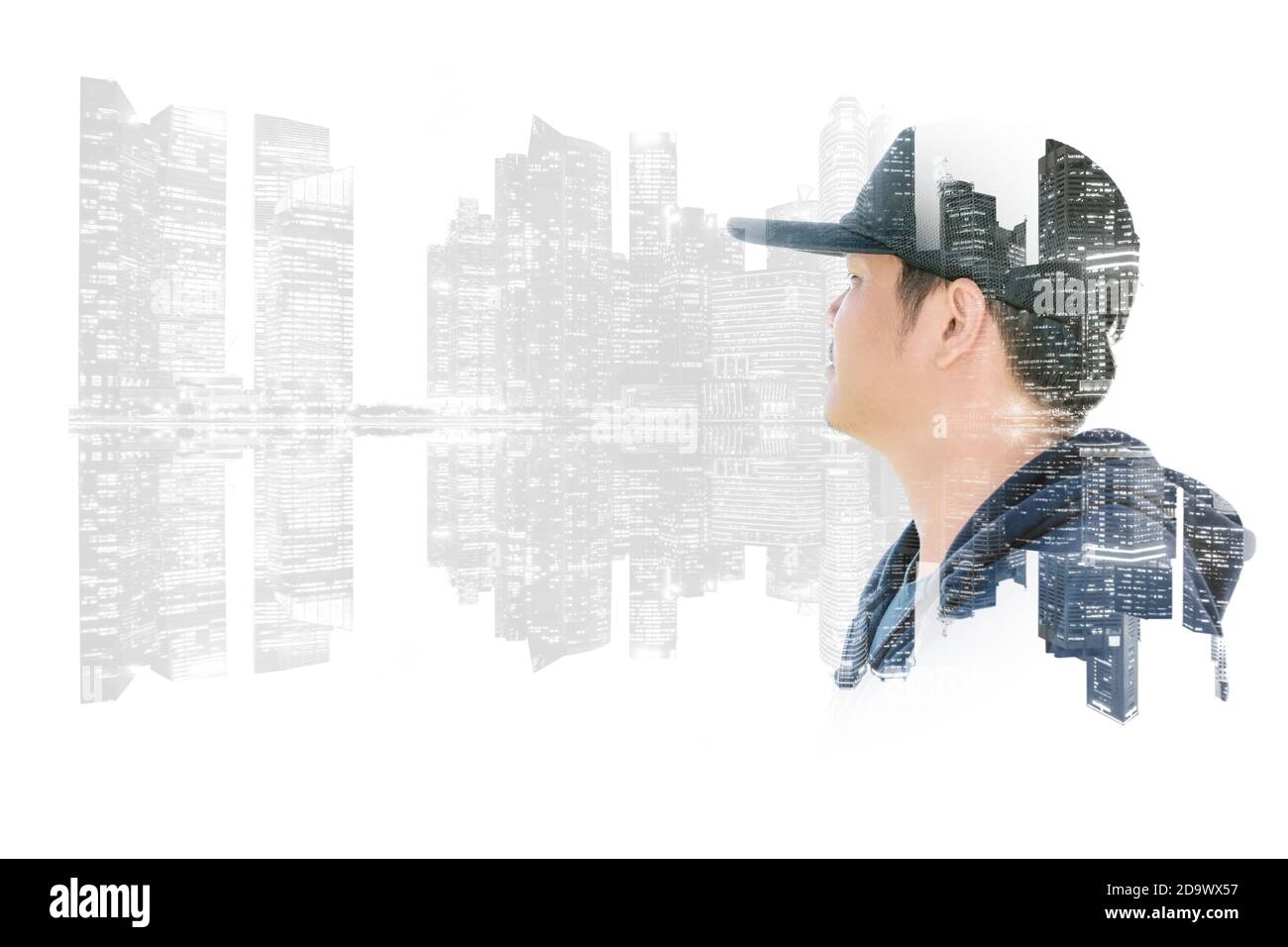 Double exposure of Asian man on skyscrapers and reflections of the city ...