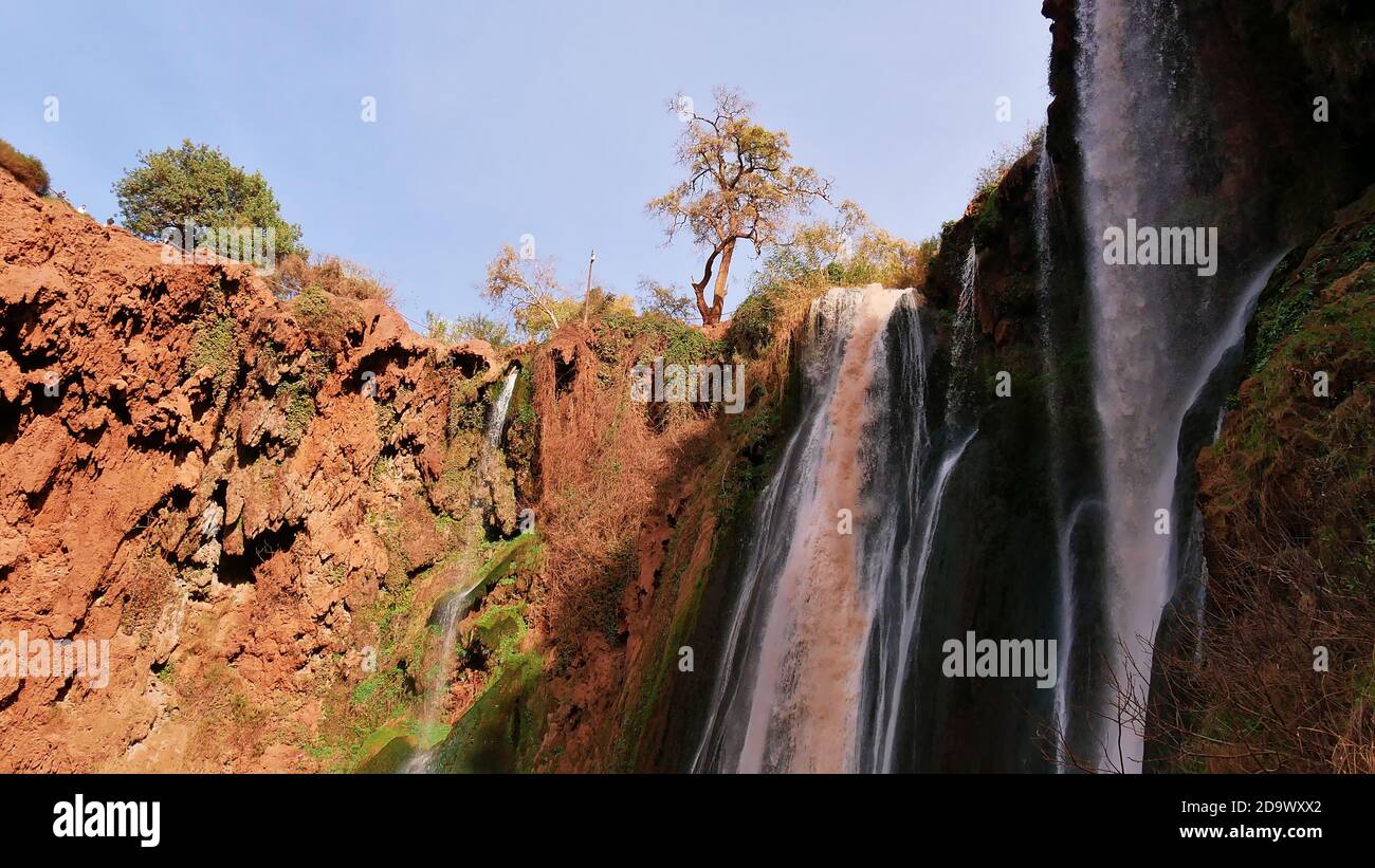 Closeup view of the top of popular Ouzoud Falls (water cascades), a ...