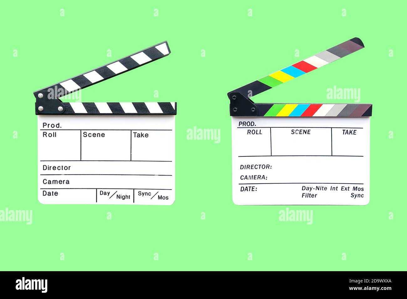 Camera slate the equipment for cinema post production isolated on green ...