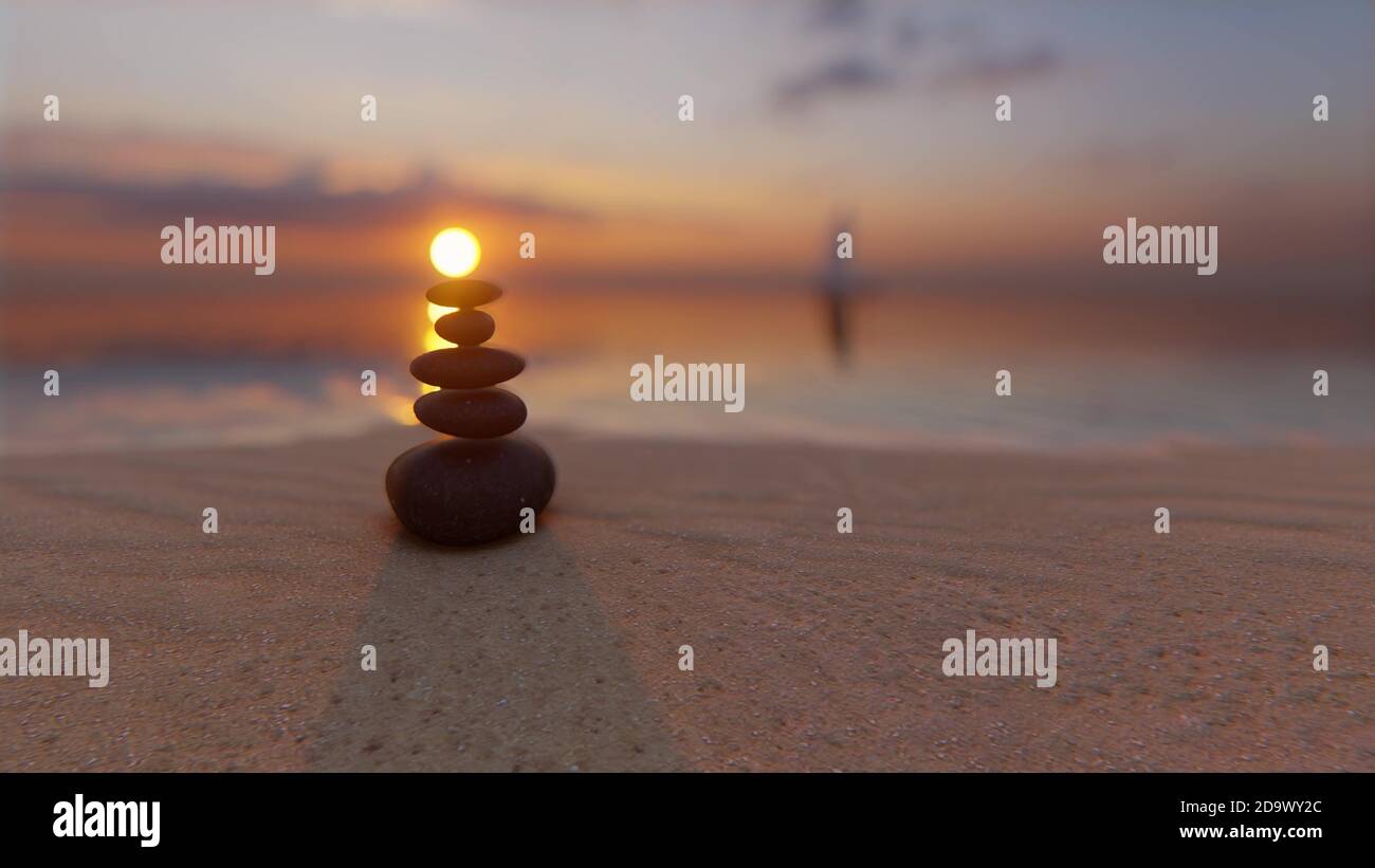 Sunset stones balance sea Zen garden Spiritual mind 3d rendering Stock ...